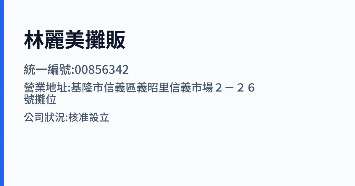 林麗美攤販 - 統編 00856342(基隆市) 公司登記資料與營業項目詳細圖表