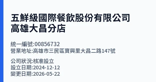 五鮮級國際餐飲股份有限公司高雄大昌分店的照片-統編 00856732(高雄市) 公司登記資料與營業項目詳細圖表