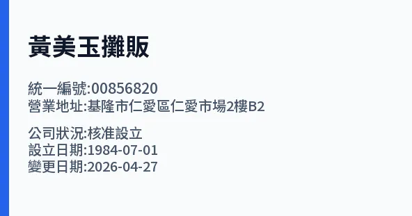 黃美玉攤販的照片-統編 00856820(基隆市) 公司登記資料與營業項目詳細圖表