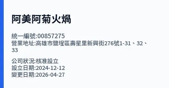 阿美阿菊火煱的照片-統編 00857275(高雄市) 公司登記資料與營業項目詳細圖表