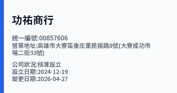 功祐商行的照片-統編 00857606(高雄市) 公司登記資料與營業項目詳細圖表