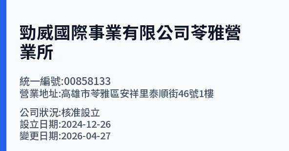 勁威國際事業有限公司苓雅營業所的照片-統編 00858133(高雄市) 公司登記資料與營業項目詳細圖表