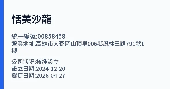 恬美沙龍的照片-統編 00858458(高雄市) 公司登記資料與營業項目詳細圖表