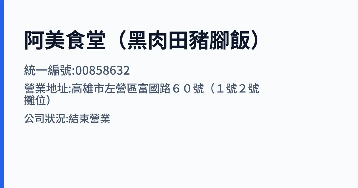 阿美食堂(黑肉田豬腳飯) - 統編 00858632(高雄市) 公司登記資料與營業項目詳細圖表