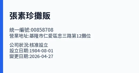 張素珍攤販的照片-統編 00858708(基隆市) 公司登記資料與營業項目詳細圖表