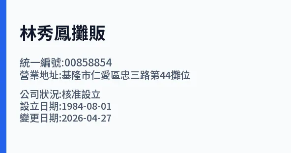 林秀鳳攤販的照片-統編 00858854(基隆市) 公司登記資料與營業項目詳細圖表