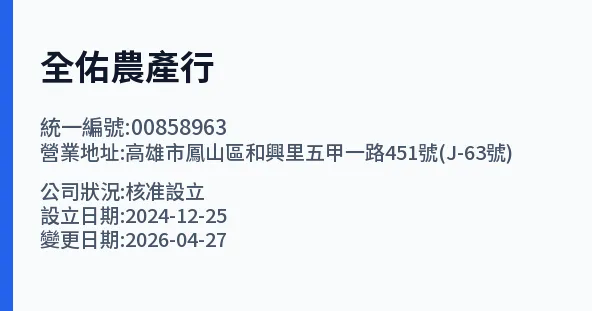 全佑農產行的照片-統編 00858963(高雄市) 公司登記資料與營業項目詳細圖表