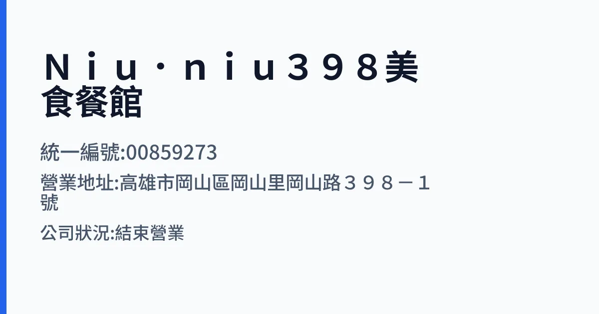 Niu.niu398美食餐館 - 統編 00859273(高雄市) 公司登記資料與營業項目詳細圖表