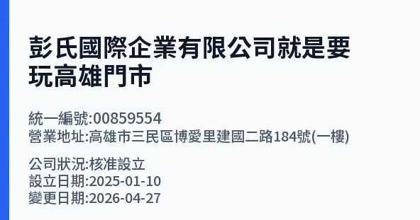 彭氏國際企業有限公司就是要玩高雄門市的照片-統編 00859554(高雄市) 公司登記資料與營業項目詳細圖表
