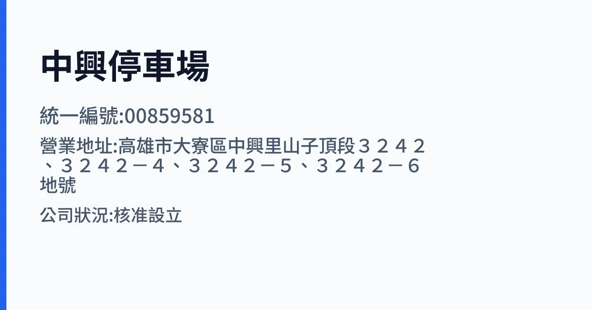 中興停車場 - 統編 00859581(高雄市) 公司登記資料與營業項目詳細圖表