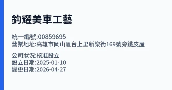 鈞耀美車工藝的照片-統編 00859695(高雄市) 公司登記資料與營業項目詳細圖表