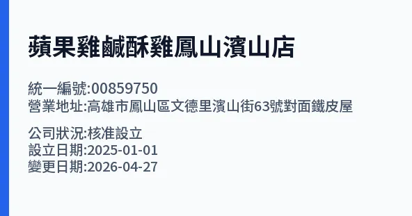 蘋果雞鹹酥雞鳳山濱山店的照片-統編 00859750(高雄市) 公司登記資料與營業項目詳細圖表