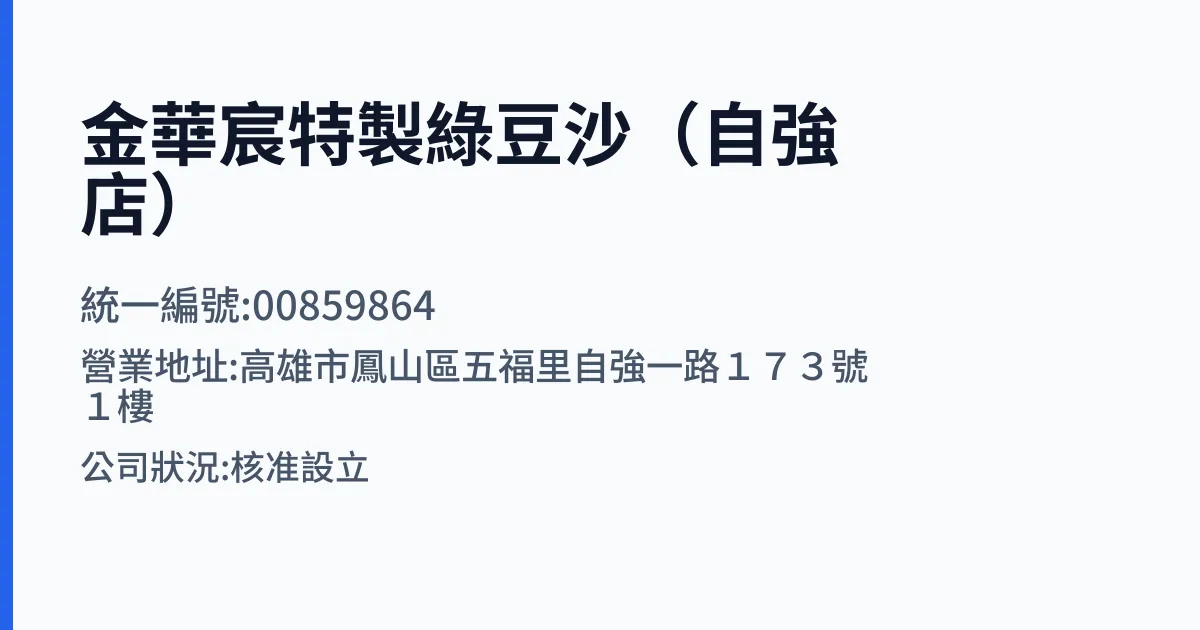 金華宸特製綠豆沙（自強店） - 統編 00859864(高雄市) 公司登記資料與營業項目詳細圖表