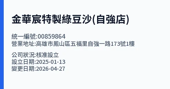 金華宸特製綠豆沙(自強店)的照片-統編 00859864(高雄市) 公司登記資料與營業項目詳細圖表