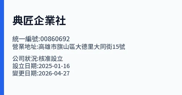 典匠企業社的照片-統編 00860692(高雄市) 公司登記資料與營業項目詳細圖表