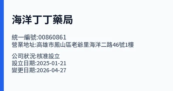 海洋丁丁藥局的照片-統編 00860861(高雄市) 公司登記資料與營業項目詳細圖表
