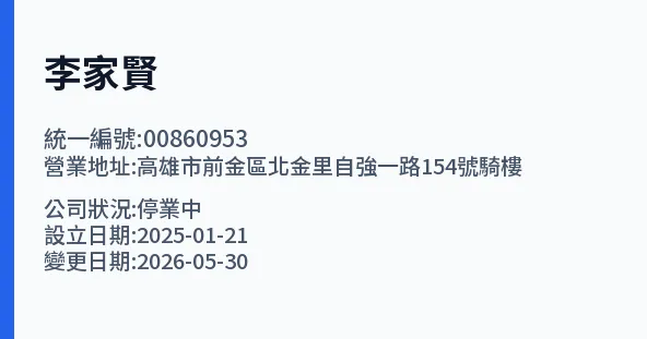 李家賢的照片-統編 00860953(高雄市) 公司登記資料與營業項目詳細圖表