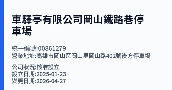 車驛亭有限公司岡山鐵路巷停車場的照片-統編 00861279(高雄市) 公司登記資料與營業項目詳細圖表