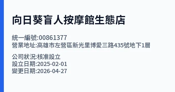 向日葵盲人按摩館生態店的照片-統編 00861377(高雄市) 公司登記資料與營業項目詳細圖表