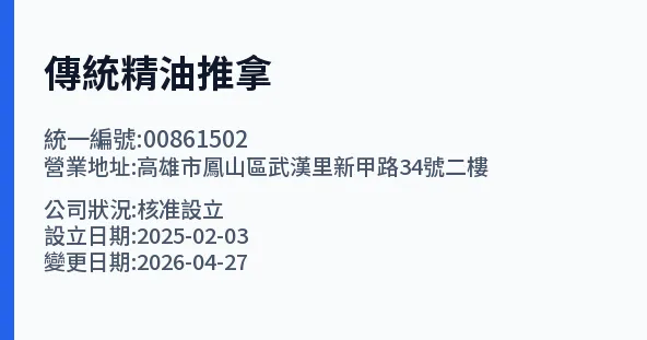 傳統精油推拿的照片-統編 00861502(高雄市) 公司登記資料與營業項目詳細圖表