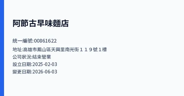 阿節古早味麵店的照片-統編 00861622(高雄市) 公司登記資料與營業項目詳細圖表