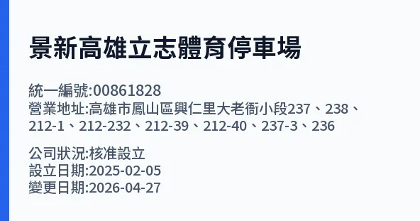景新高雄立志體育停車場的照片-統編 00861828(高雄市) 公司登記資料與營業項目詳細圖表