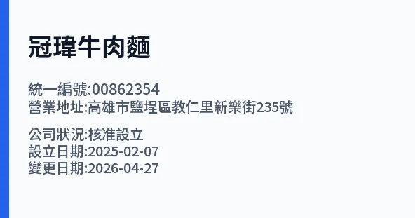 冠瑋牛肉麵的照片-統編 00862354(高雄市) 公司登記資料與營業項目詳細圖表