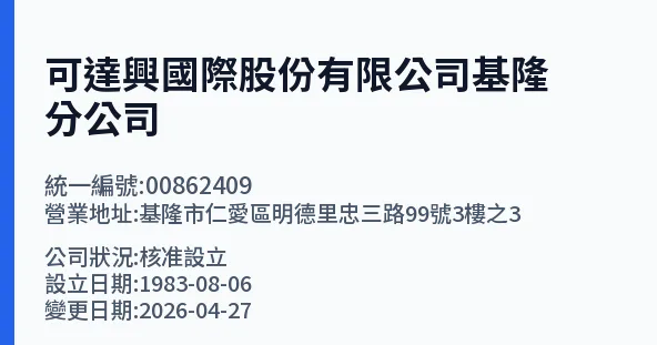 可達興國際股份有限公司基隆分公司的照片-統編 00862409(基隆市) 公司登記資料與營業項目詳細圖表
