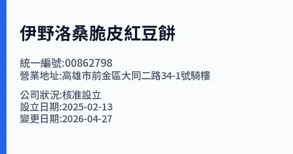 伊野洛桑脆皮紅豆餅的照片-統編 00862798(高雄市) 公司登記資料與營業項目詳細圖表