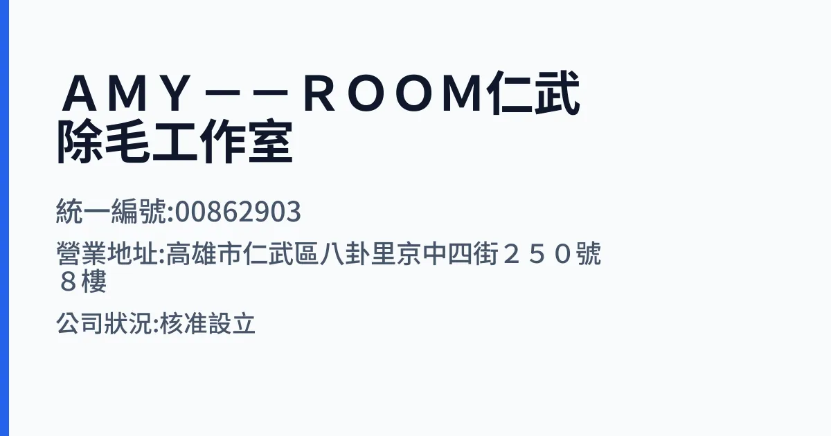 ＡＭＹ－－ＲＯＯＭ仁武除毛工作室 - 統編 00862903（高雄市） 公司登記資料與營業項目詳細圖表