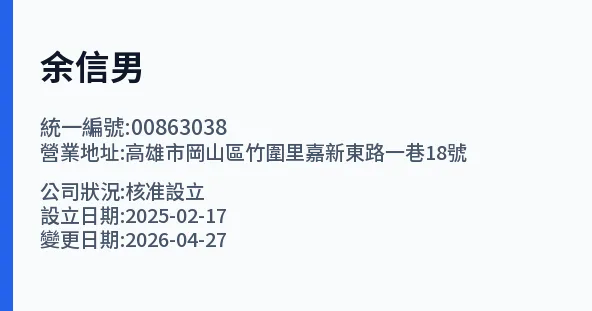 余信男的照片-統編 00863038(高雄市) 公司登記資料與營業項目詳細圖表