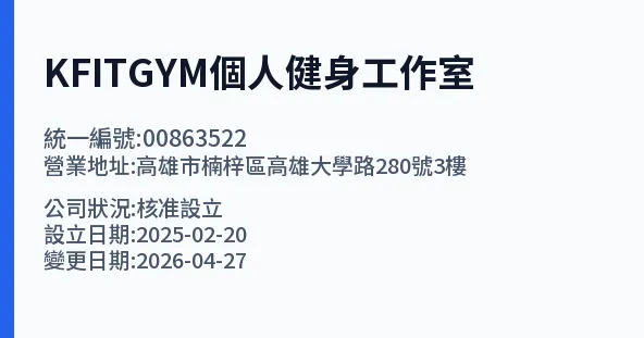 KFITGYM個人健身工作室的照片-統編 00863522(高雄市) 公司登記資料與營業項目詳細圖表
