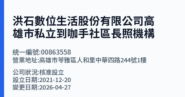 洪石數位生活股份有限公司高雄巿私立到咖手社區長照機構的照片-統編 00863558(高雄市) 公司登記資料與營業項目詳細圖表