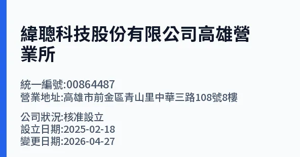 緯聰科技股份有限公司高雄營業所的照片-統編 00864487(高雄市) 公司登記資料與營業項目詳細圖表