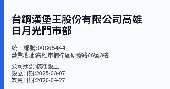 台鋼漢堡王股份有限公司高雄日月光門市部的照片-統編 00865444(高雄市) 公司登記資料與營業項目詳細圖表