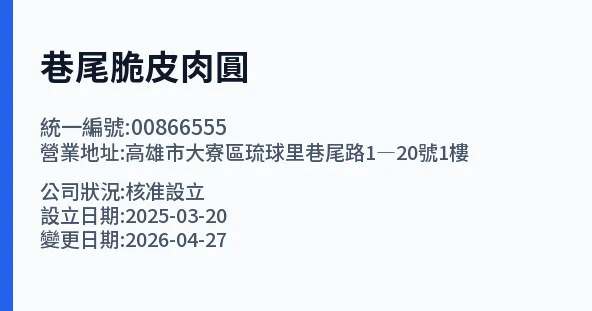 巷尾脆皮肉圓的照片-統編 00866555(高雄市) 公司登記資料與營業項目詳細圖表