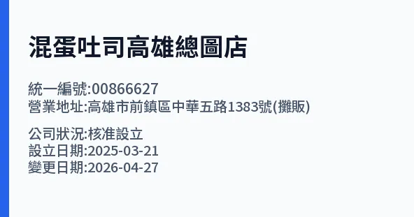 混蛋吐司高雄總圖店的照片-統編 00866627(高雄市) 公司登記資料與營業項目詳細圖表