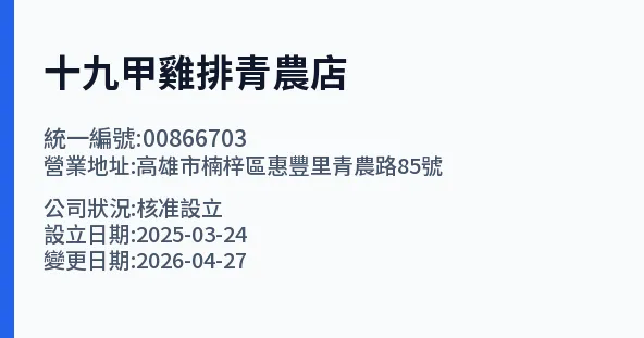 十九甲雞排青農店的照片-統編 00866703(高雄市) 公司登記資料與營業項目詳細圖表