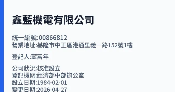 鑫藍機電有限公司的照片-統編 00866812(基隆市) 公司登記資料與營業項目詳細圖表