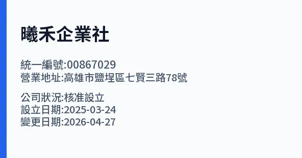 曦禾企業社的照片-統編 00867029(高雄市) 公司登記資料與營業項目詳細圖表