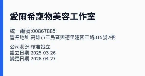 愛爾希寵物美容工作室的照片-統編 00867885(高雄市) 公司登記資料與營業項目詳細圖表