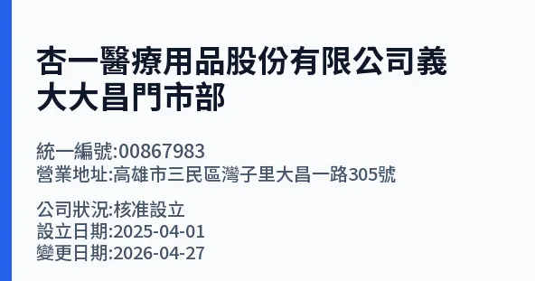 杏一醫療用品股份有限公司義大大昌門市部的照片-統編 00867983(高雄市) 公司登記資料與營業項目詳細圖表