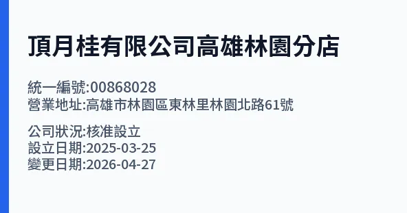 頂月桂有限公司高雄林園分店的照片-統編 00868028(高雄市) 公司登記資料與營業項目詳細圖表