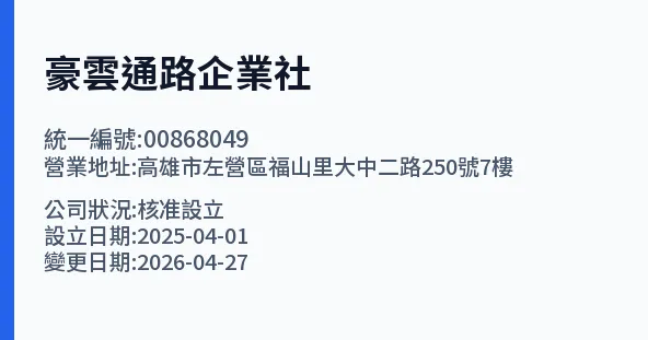 豪雲通路企業社的照片-統編 00868049(高雄市) 公司登記資料與營業項目詳細圖表