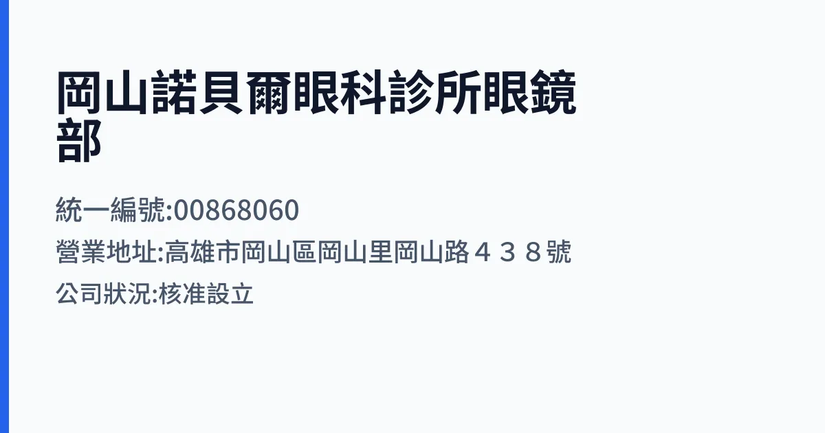 岡山諾貝爾眼科診所眼鏡部 - 統編 00868060 (高雄市) 公司登記資料與營業項目詳細圖表