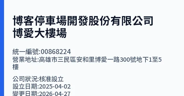 博客停車場開發股份有限公司博愛大樓場的照片-統編 00868224(高雄市) 公司登記資料與營業項目詳細圖表