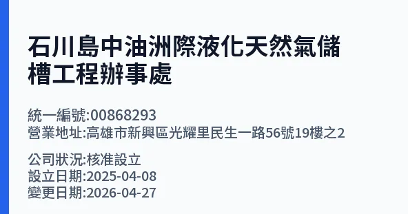 石川島中油洲際液化天然氣儲槽工程辦事處的照片-統編 00868293(高雄市) 公司登記資料與營業項目詳細圖表