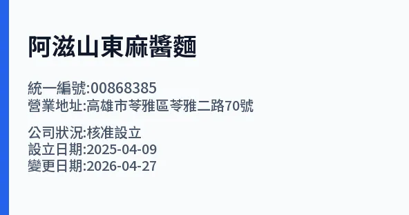 阿滋山東麻醬麵的照片-統編 00868385(高雄市) 公司登記資料與營業項目詳細圖表