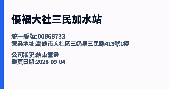 優褔大社三民加水站的照片-統編 00868733(高雄市) 公司登記資料與營業項目詳細圖表