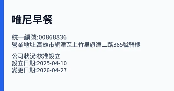 唯尼早餐的照片-統編 00868836(高雄市) 公司登記資料與營業項目詳細圖表